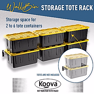 Koova Wall Mounted Tote Rack Storage System, Fits 27-Gallon Black and Yellow Commander Style Bins, Wall Mount Bracket Shelves for Garage or Shed Organization, Heavy Duty Steel, Made in USA (3-Piece Set)