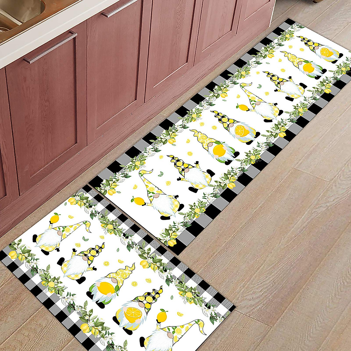 Kitchen Mat and Rugs Set of 2, Farm Fresh Lemon Gnomes Buffalo Plaid Border, Durable Comfort Standing Kitchen Rugs, Non-Slip Home Decor Carpet for Floor, 20x24inch+20x48inch
