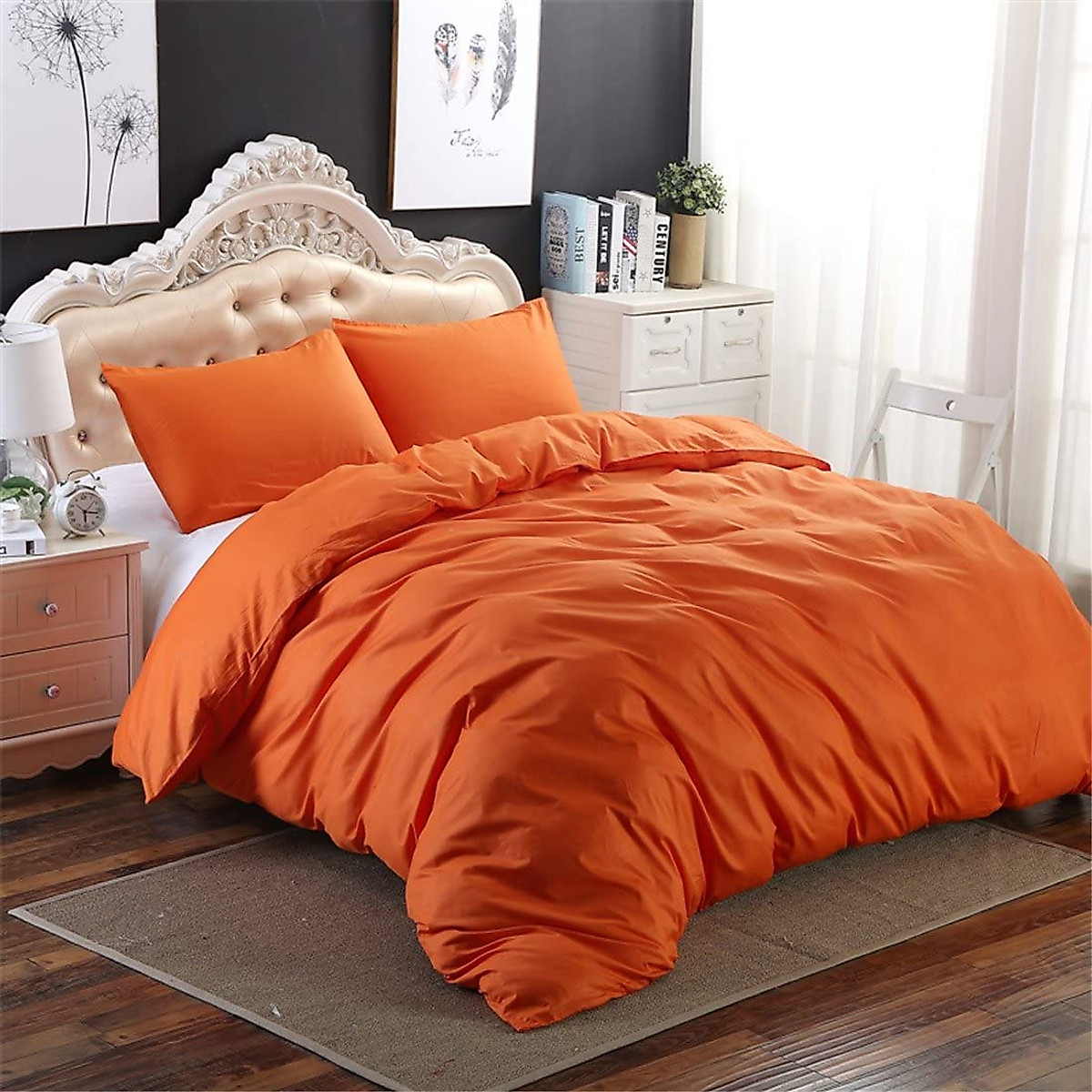 DREFEEL 100% Natural Cotton Duvet Cover Queen Size Vibrant Orange 3 Pcs Set (1 Duvet Cover, 2 Pillowcase) - Soft Comforter Cover Quilt Case - Solid Bedding