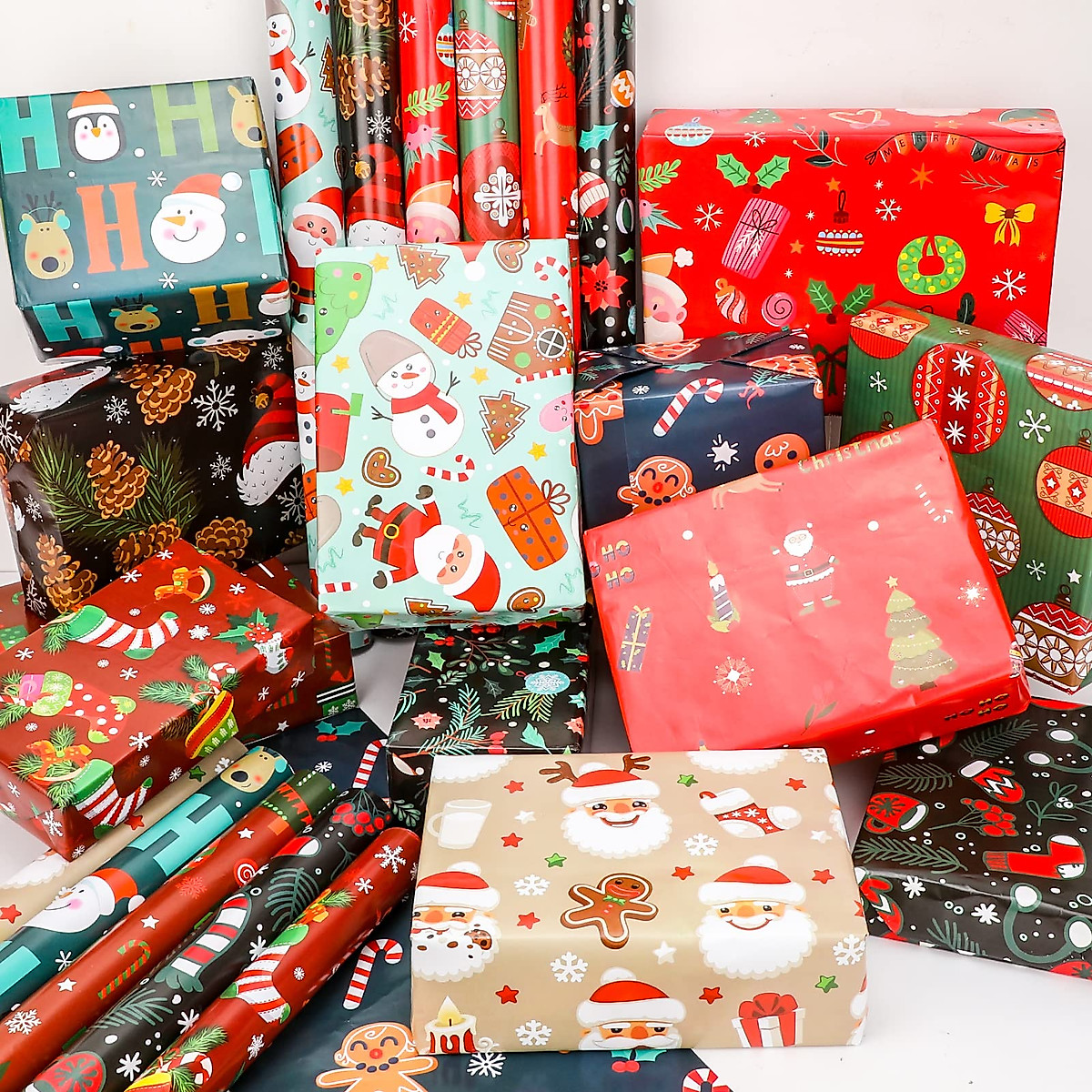 Konsait 12Pack Folded Large Sheets of Christmas Wrapping Paper Traditional Gift Wrap, Christmas Decoration,Xmas Festive Designs- Kids Snowman, Santa, Christmas Tree, Snowflake, Reindeer, 74 X 51cm