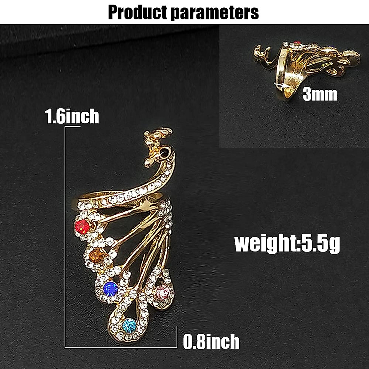ABJFJE Peacock Crysrtal Ring Anniversary Eternity Band Cubic Zirconia Ring Crystal Wedding Cocktail Rings Fashion Luxury Jewelry for Women (8)