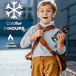 GOPPUS Kids Insulated Water Bottle - 14 Oz BPA Free 18/8 Stainless Steel Travel Bottle with Straw Water Bottle with Double Wall Vacuum Leak Proof Kids Cup for School Boys Girls, Space dinosaur