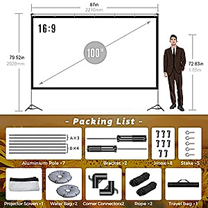 Projector Screen with Stand, 100 inch Outdoor Movie Screen with Tripods, 16:9 4K HD Portable Video Projection Screen for Backyard Home Theater Outside Movie Night Camping w Carry Bag (100 Inch)
