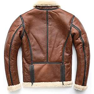 Men's Brown Classic Genuine Sheepskin Bomber Jacket - Embrace Winter Warmth in Military Aviator Style (US, Alpha, Large, Regular, Regular)