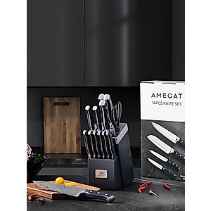 Knife Block Set, AMEGAT Knife Set with Advanced Self-Sharpening Technology, 14-Piece Waved Texture Kitchen Knife Set, Stainless Steel Knife Set with Block, Razor-Sharp Knives and Full Tang Handle