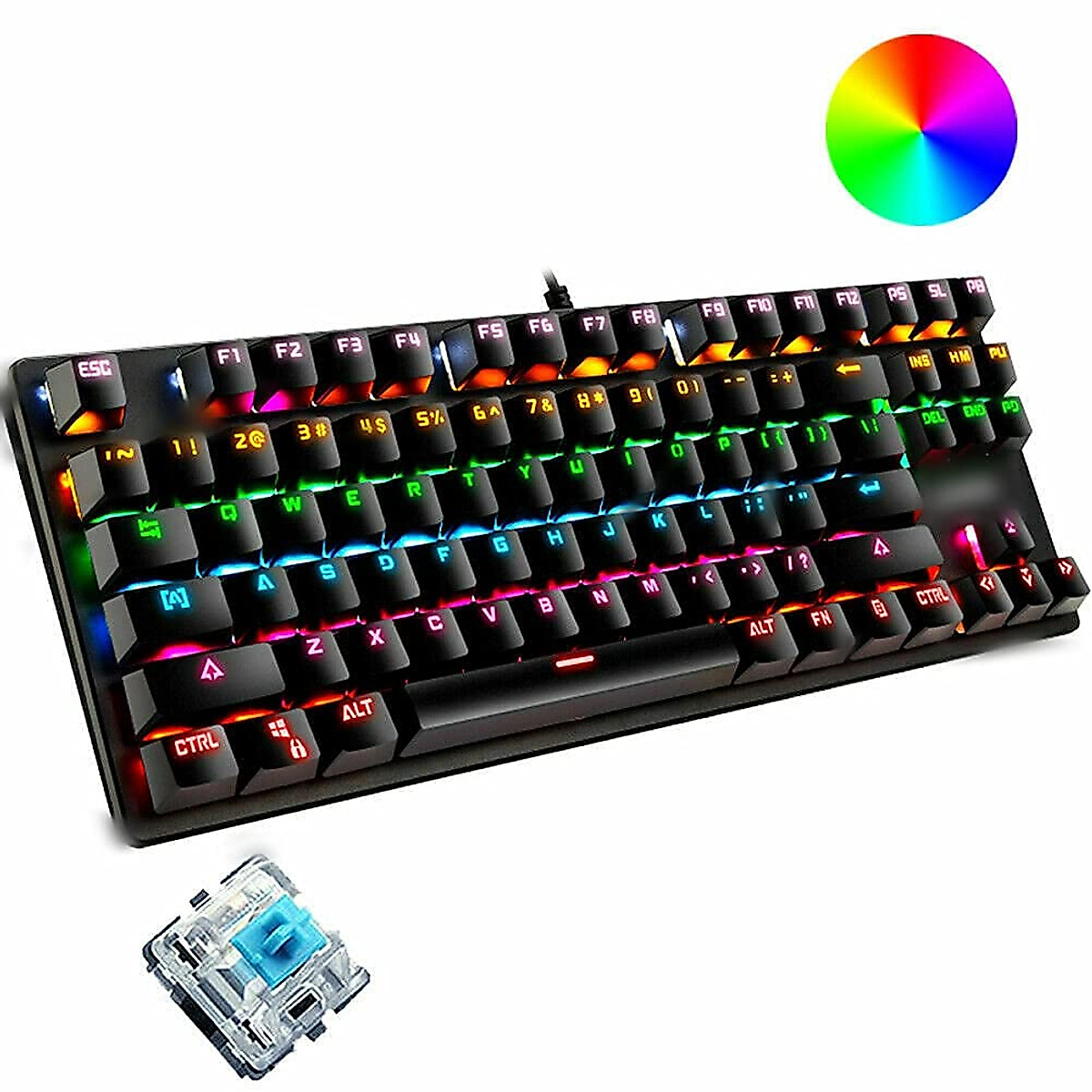 Wired Gaming Keyboard and Sets 87 Keys Rainbow Backlit Mechanical Keyboard ,RGB Backlit 6400 DPI Lightweight Gaming Mouse, Mouse Pad (Black)
