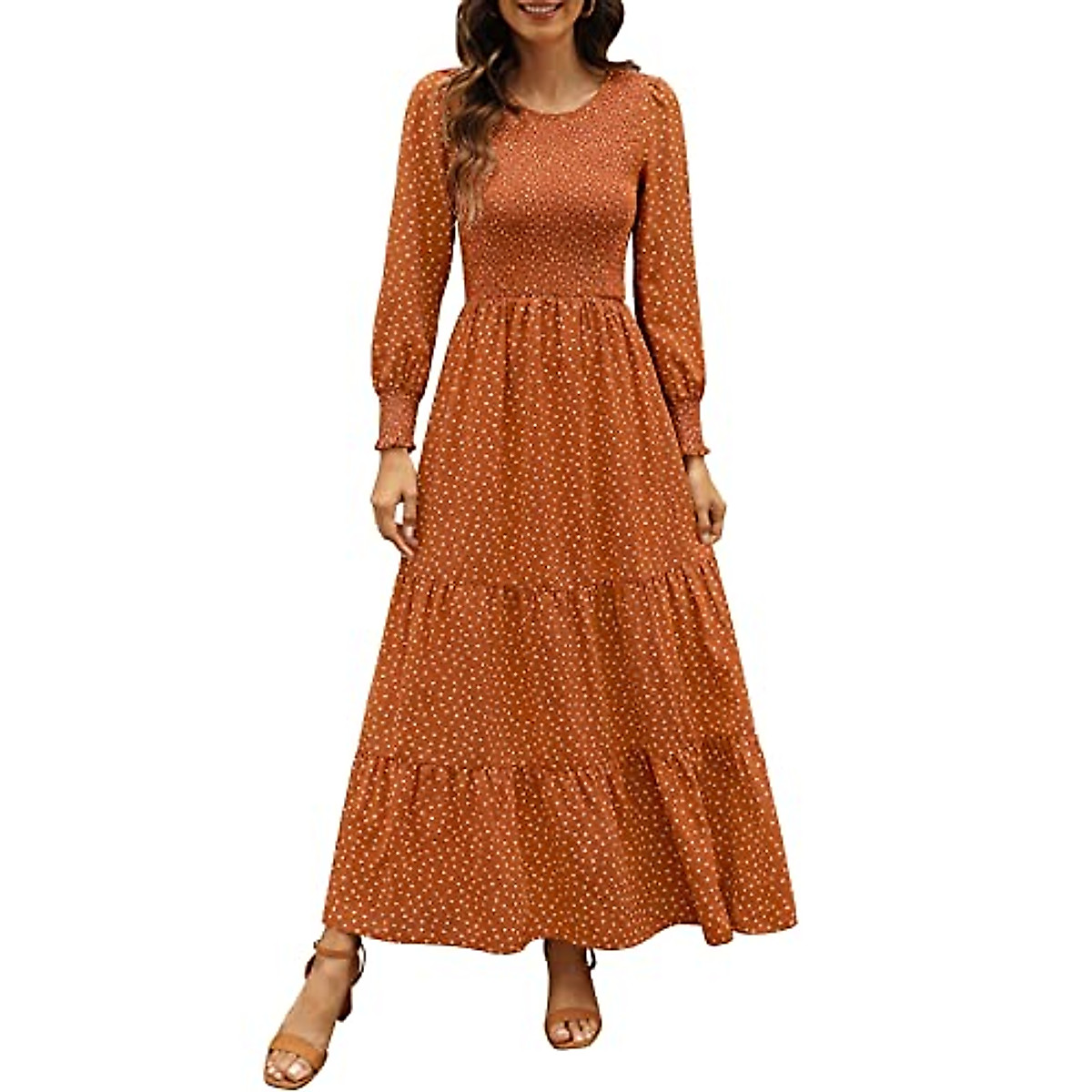 Kranda Fall Dresses for Women 2023 Round Neck Puff Long Sleeve Dress Smocked Ruffle Tiered Floral Maxi Dress Camel S