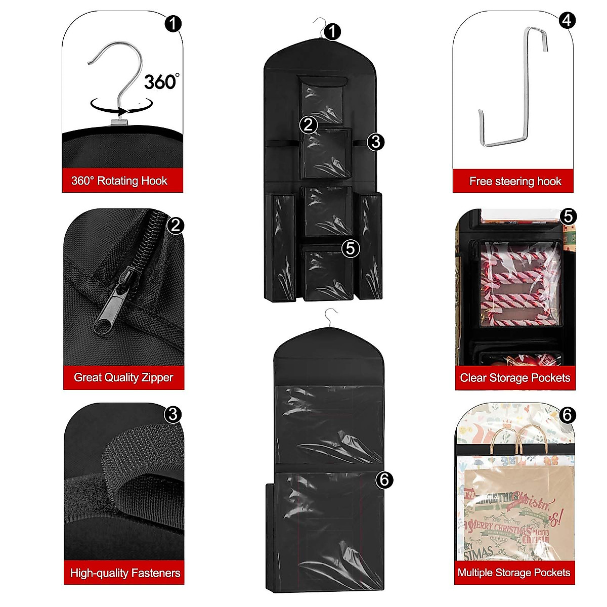 Hanging Gift Wrapping Paper Storage, 40"X17" Black Double-Sided Christmas Wrapper Bag Container, Oxford Craft Roll Organizer, Present Wrap Holder for Bedroom Closet, Door, Cabinet