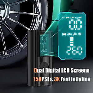 Tire Inflator Portable Air Compressor 150PSI Cordless Air Pump 3X Fast Inflation for Cars Bikes Motorcycle Tires Balloons Basketball Rugby,Dual LCD Display Rechargeable Battery Emergency Tool