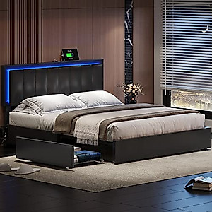 Hasuit Queen Bed Frame with 4 Storage Drawers, LED Light Queen Size Platform Bed with Charging Station, Artificial Leather Upholstered Bed with Adjustable Headboard, No Box Spring Needed