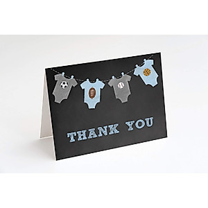 Sports Thank You Cards Baby Shower Soccer Football Baseball Soccer MVP Little Champ All Star Boys Birthday Party Appreciation Gratitude Thanks Folding Notes Blue It's A Boy Chalkboard (24 count)