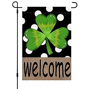 St Patricks Day Welcome Garden Flag Spring Clover 12 x 18 Inch Vertical Double Sided Burlap Polka Dot Shamrock Farmhouse Yard Outdoor Decoration