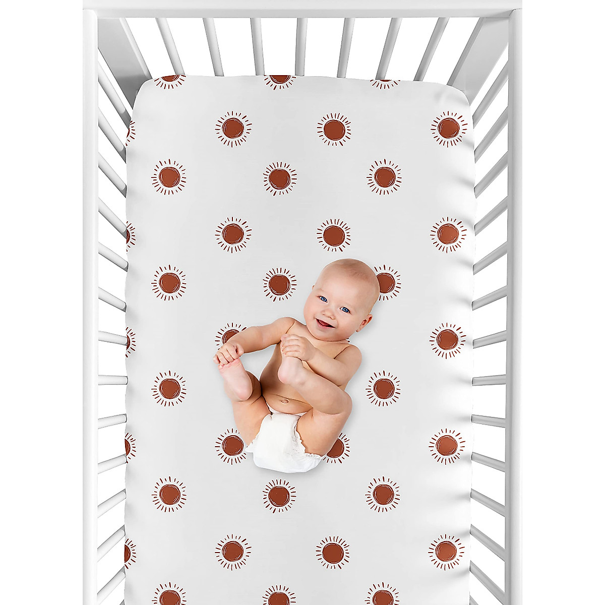 Sweet Jojo Designs White and Rust Boho Sun Boy or Girl Fitted Crib Sheet Baby or Toddler Bed Nursery - Orange Bohemian Celestial Sky Desert Sunshine Outdoors Nature Gender Neutral