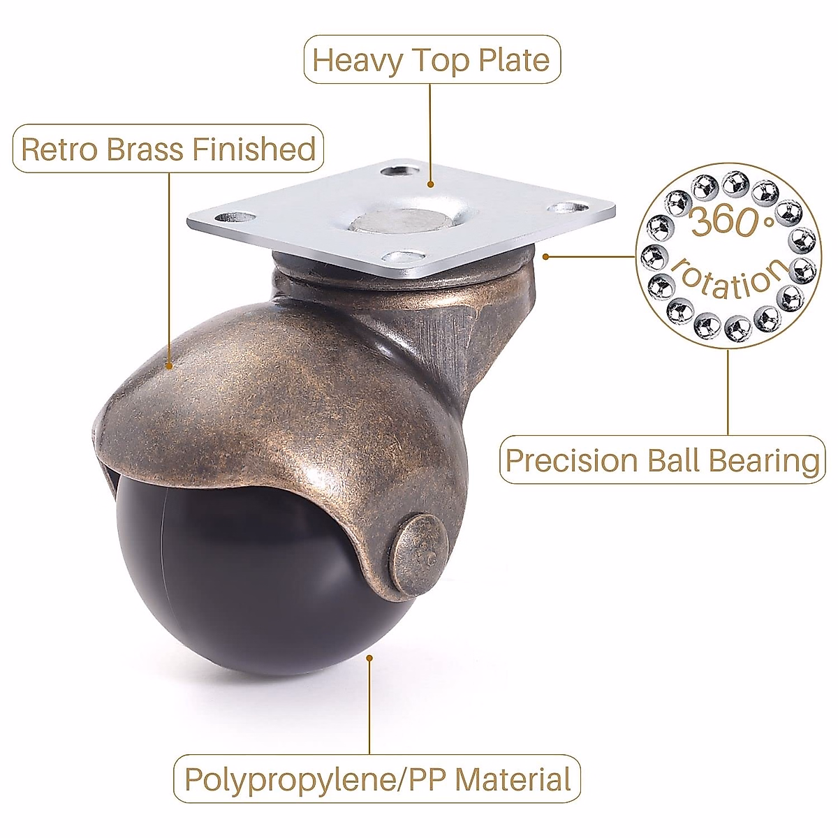 1.5 Inch Ball Caster Wheels, Small Wheels for Furniture, Furniture Casters Set of 4, Antique Brass Top Plate Castors for Furniture, Coffee Table, Ottoman (Screws Included)