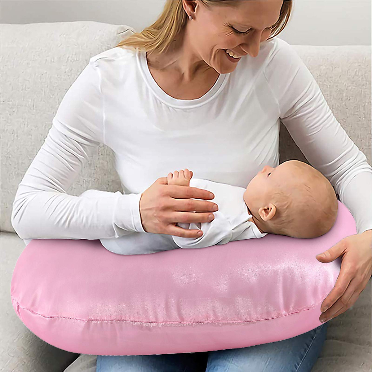 Pro Goleem Satin Nursing Pillow Cover Silk Feeling Soft Feeding Pillow Slipcover for Breastfeeding Moms Fits Standard Infant Nursing Pillow or Positioner Pink