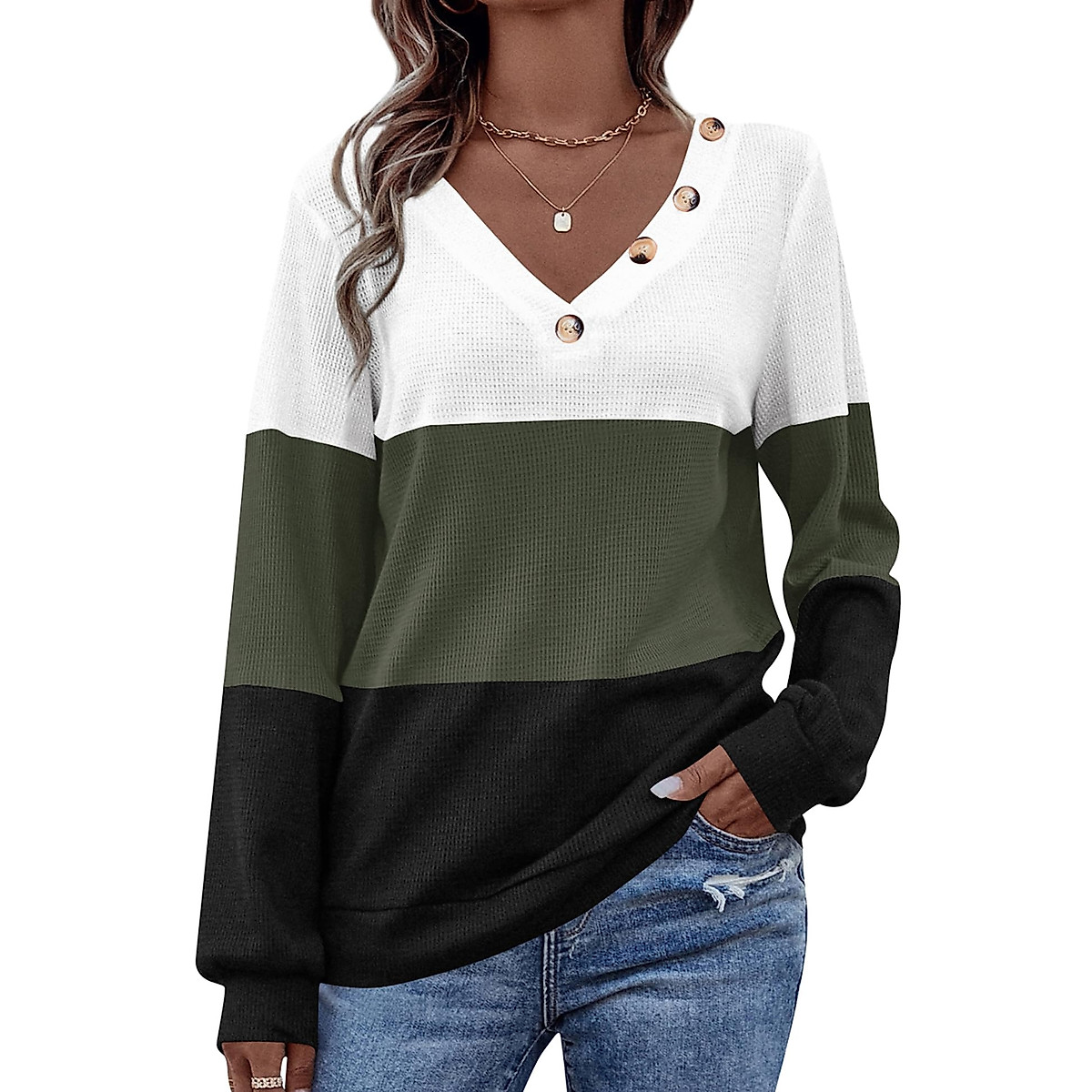 MAVIS LAVEN Womens Long Sleeve Tops Waffle Knit Blouses V Neck Tunics Color Block Button Up Pullover Tops