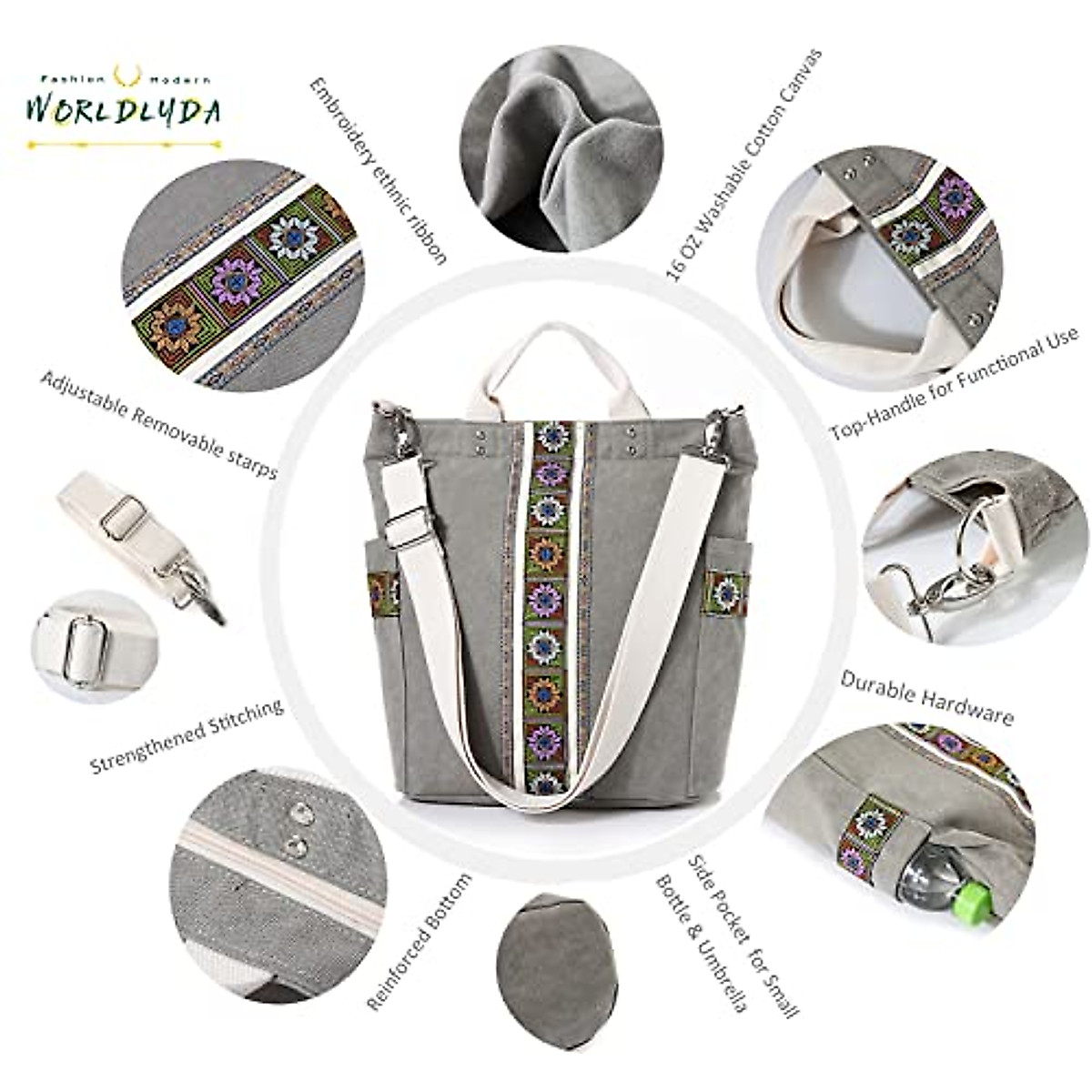 Worldlyda Women Vintage Canvas Tote Retro Hobo Purse Multi Pocket Crossbody Shoulder Bag Casual Top Handle handbag with Embroidery Ethnic (Grey)
