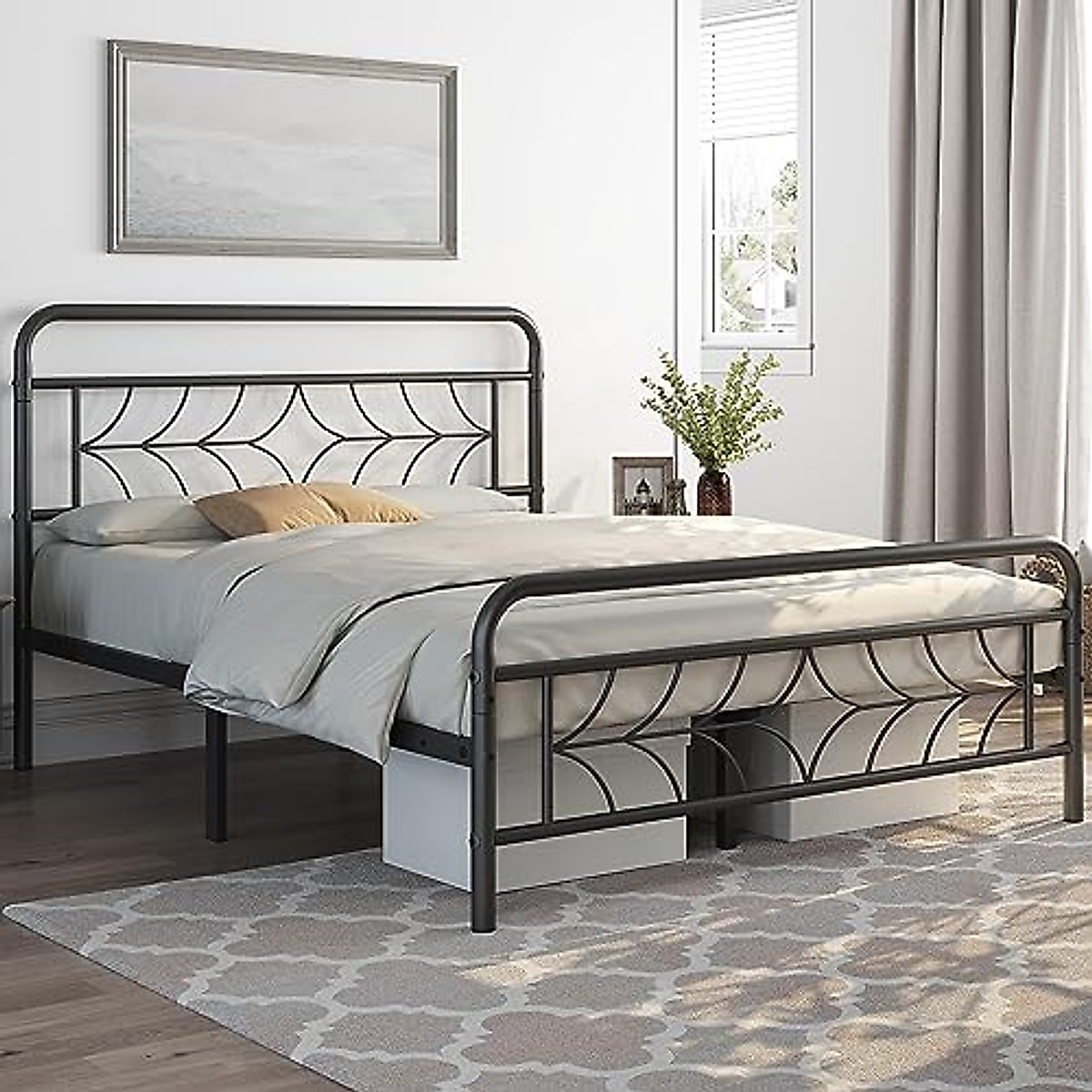 Topeakmart Queen Bed Frames Metal Platform Bed with Sparkling Star-Inspired Design Headboard and Footboard/13 Inch Underbed Storage/No Box Spring Needed/Sturdy Slat Support, Black Queen Bed