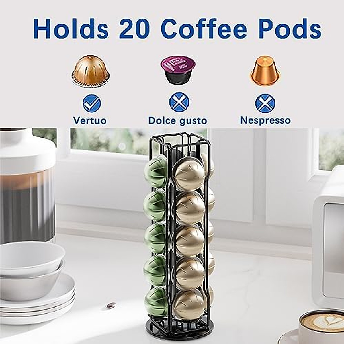 SEVENLINE 20 Vertuo Pods Coffee Pod Holder Compatible For Nespresso Vertuoline Stand Rack Holds Vertuo line Organizer Carousel 360-Degree Rotatable (Black)