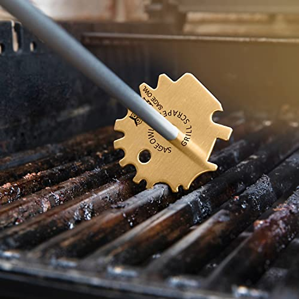 The Sage Owl Grill Scraper Cleaning Tool with Long Handle - for Hot Grates. Brass 5 in 1 Grill Cleaner with a 17" Long Handle, Works with Most Any Design, Brand and Style of Grill