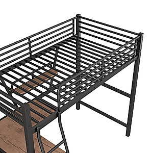 P PURLOVE Metal Loft Bed with Desk Twin Size High Loft Bed with L-Shaped Desk and Shelf and Ladder,No Box Spring Need