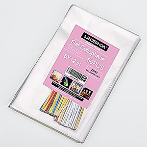 LEOSINDA 50 pcs Clear 8"X 12" Gift Wrap Cellophane Bags Flat Cello Bags Cookie Bags Treat Bags with Twist Ties 6 Mixed Colors Poly Bag 1.3 mil for Bakery, Cookie, Candies