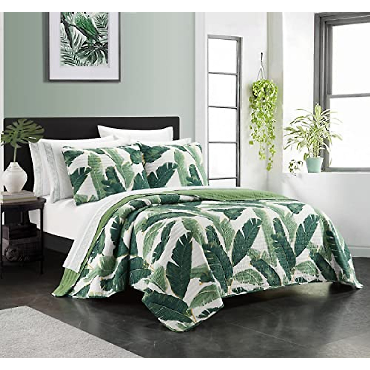 Chic Home Palm Springs 9 Piece Quilt Set Stitched Palm Tree Print Bed in A Bag - Sheet Set Decorative Pillow Shams Included, Queen, Green