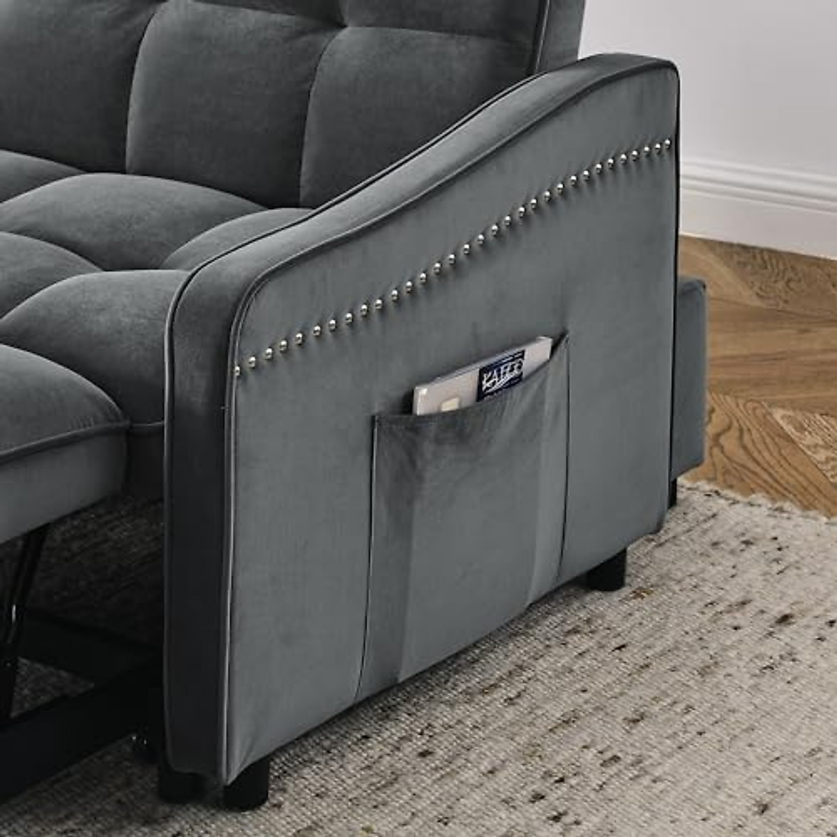 Upholstered Futon Loveseat Sofa Convertible to Sleeper Sofá Bed,Adjsutable Love Seat Chaise Lounge Couch Chair,Sofacama with Two Arm Pocket,Type C,USB Charging and Copper Nail for RV/Living Room