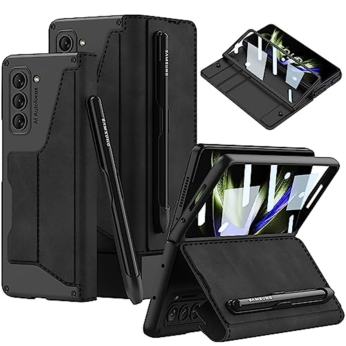 DEMCERT for Samsung Galaxy Z Fold 5 with [Fold4 Edition Pen Slot],Military Armor Full Body Protective Anti-Scratch Hard Leather Bracket Case with Screen Protector Wireless Charger (Black)
