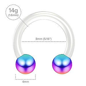 Evonix 2pc 14g Flexible Bioflex Circular Barbell Horseshoe Septum Ring Bioplast Piercing 8mm Rainbow Ball