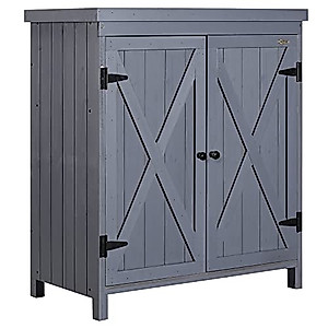 Outsunny Garden Storage Cabinet, Outdoor Tool Shed with Galvanized Top and Two Shelves for Yard Tools or Pool Accessories, Grey