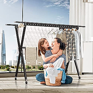 HWAJAN 90 Inches Folding Clothes Drying Rack Indoor Outdoor-Aluminum Collapsible Clothing Drying Racks for Laundry-Heavy Duty Foldable Clothes Dryer Rack with 42 Windproof Hooks,Large,Black