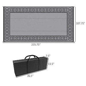 Outsunny Reversible Outdoor Rug, 9' x 18' Waterproof Plastic Straw Floor Mat, Portable RV Camping Carpet with Carry Bag, Large Floor Mat for Backyard, Deck, Picnic, Beach, Black & Gray Border