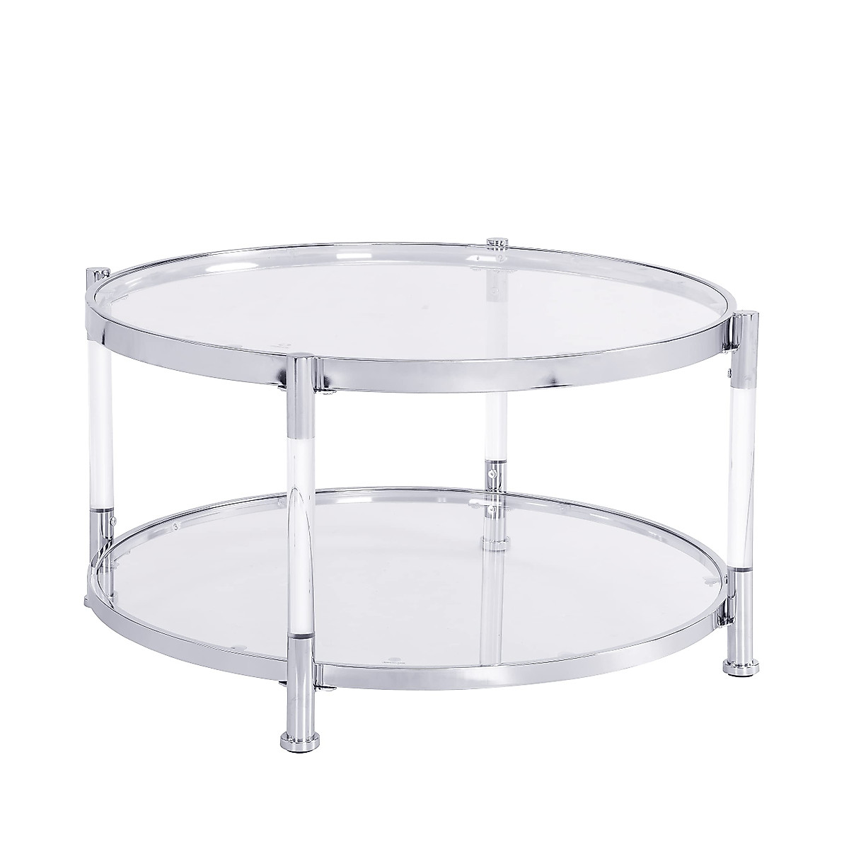 MISPACIO Tempered Glass Round Coffee Table, 32" Modern Acrylic Legs Circle Coffee Table with Clear Glass Top for Storage, Circular Center Table with Open Shelf for Living Room