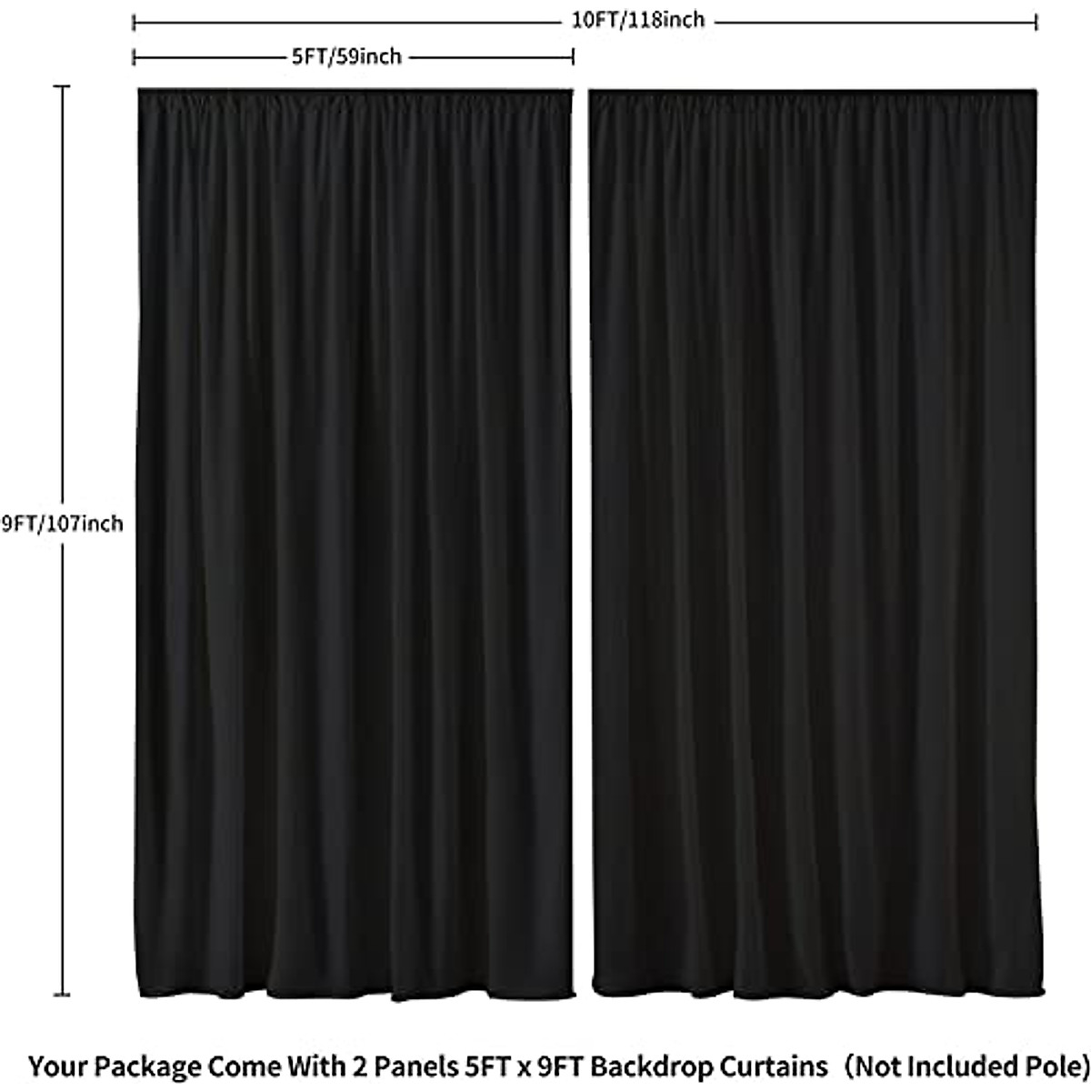 Nobed HHT 10ft x 9ft Wrinkle Free Black Backdrop Curtain for Party, 2 Panels 5ft×9ft Polyester Black Drapes for Backdrop Curtains for Wedding Party Birthday Baptism Photo Backdrop Decor