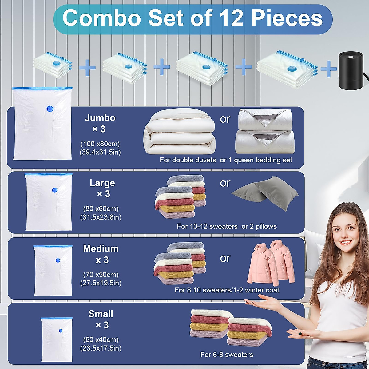 Vacuum Storage Bags with Electric Pump, 12 Combo (3J/3L/3M/3S) Space Saver Sealer Bags, Compression Bags for Comforters, Clothes, Blankets, Coverlet, Quilt, Pillows