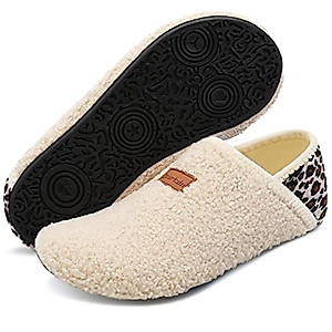 Scurtain Unisex Mens Womens Slippers Socks Artificial Woolen Slippers for Men Women with Non-Slip Rubber Sole Fitkicks Shoes for Women Bedroom Slippers Women Slip on Shoes Beige/Leopard 6-7