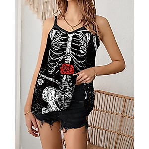 Eciodci Women's Halloween Horror Loose Tank Top Shirts 3D Print Rose Skeleton V Neck Sleeveless Tank Tops