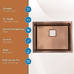 Strictly Sinks 23 Inch Undermount Kitchen Sink – Gunmetal Copper Single Bowl 16 Gauge Stainless Steel Bar Prep Kitchen Sink Scratch & Stain Resistant – With Single Strainer Square Drain & Bottom Grid