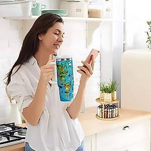 Slewiaeky Tumbler with Handle 40 oz Animal Map Children Travel Mug with Lid and Straw Stainless Steel Vacuum Insulated Water Bottle Cup for Iced Tea Coffee Cold Beverages Cup Holder Friendly