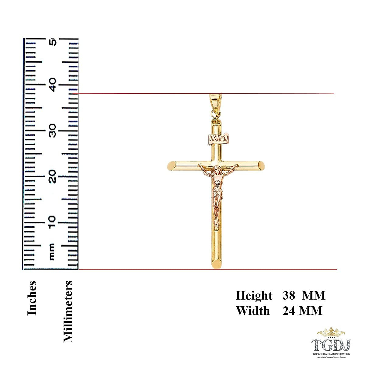Solid 14K Yellow Rose Gold Crucifix Pendant - 38mm x 24mm Two Tone Jesus Cross Charm Religious Pendant - Suitable for Men & Women - Great Gift for Christmas & All Occasion