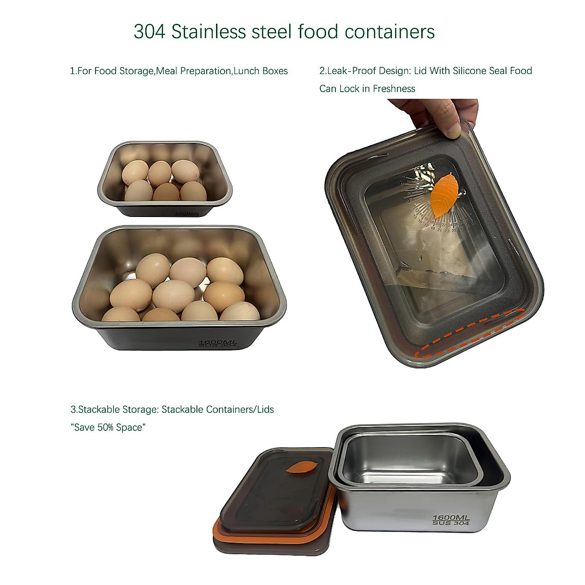 SSQYKJ 2-Pack 304 Stainless Steel Food Storage Containers,1L&1.6L Airtight Lunch Box for Meal Prep,Bento,Kitchen-Stackable,Leakproof,Easy Clean (35oz/54oz)