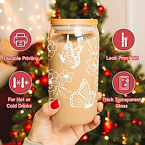 Fairy's Gift Butterfly Gifts for Women - Iced Coffee Cup, Aesthetic Floral Butterflies Glass Cup w/Lid & Straw, Butterfly Tumbler - Christmas, Birthday Gifts for Women Mom Friend Bestie