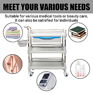 biosp Medical Trolley 3 Tier 500 LBS Heavy Duty Professional Utility Cart Beauty Salon Rolling Trolley with Swivel Casters, Dirt Bucket & Drawer for Hospital Dental Clinic, 38.58'' x 24.41'' x 16.34''
