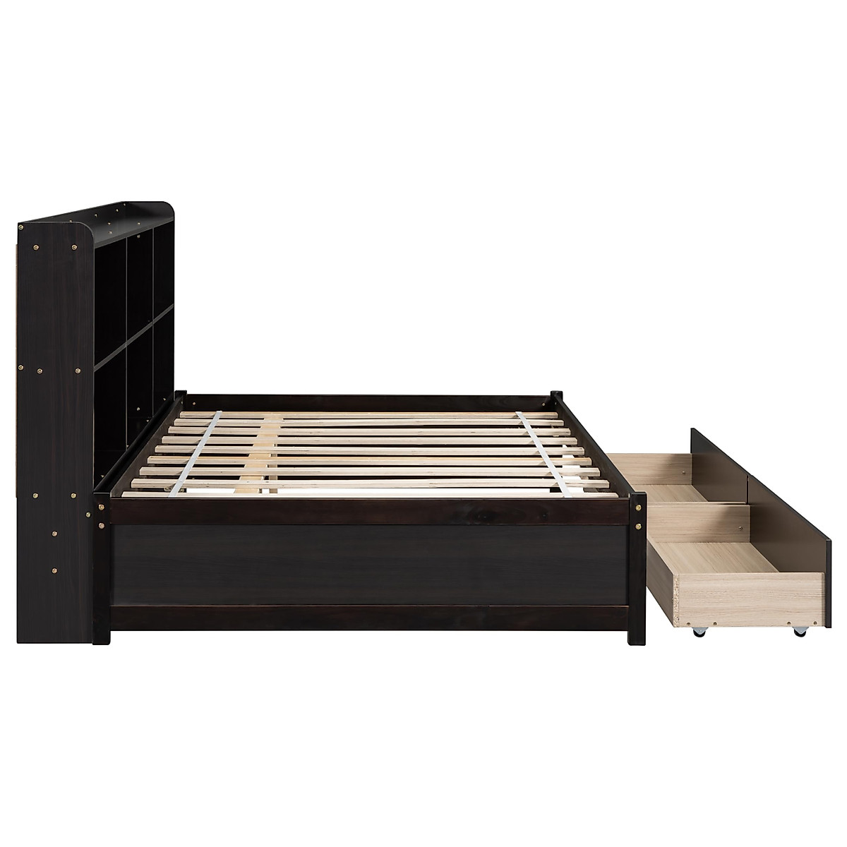 DaiNNCN Full Size Daybed with Storage Bookcases Headboard,Captains Corner L-Shaped Bed with 2 Drawers,No Box Spring Needed for Kids Boys Girls,Espresso