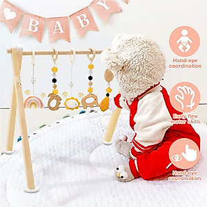 Frogprin Wooden Baby Gym with 6 Hanging Toys, Foldable Wooden Play Gym for Babies 0-12 Month, Baby Play Gym Frame Activity Gym Hanging Bar Newborn Gift Baby Girl and Boy Gym (Natural Pine Wood)