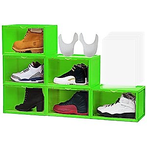 Letusto Premium Shoe Storage Boxes - Clear Plastic Shoe Throne Display Case (6 pack, Neon Green), Stackable Shelves Large Sneaker Containers Cases with Lids + 6 Hygiene Pads & Shapers
