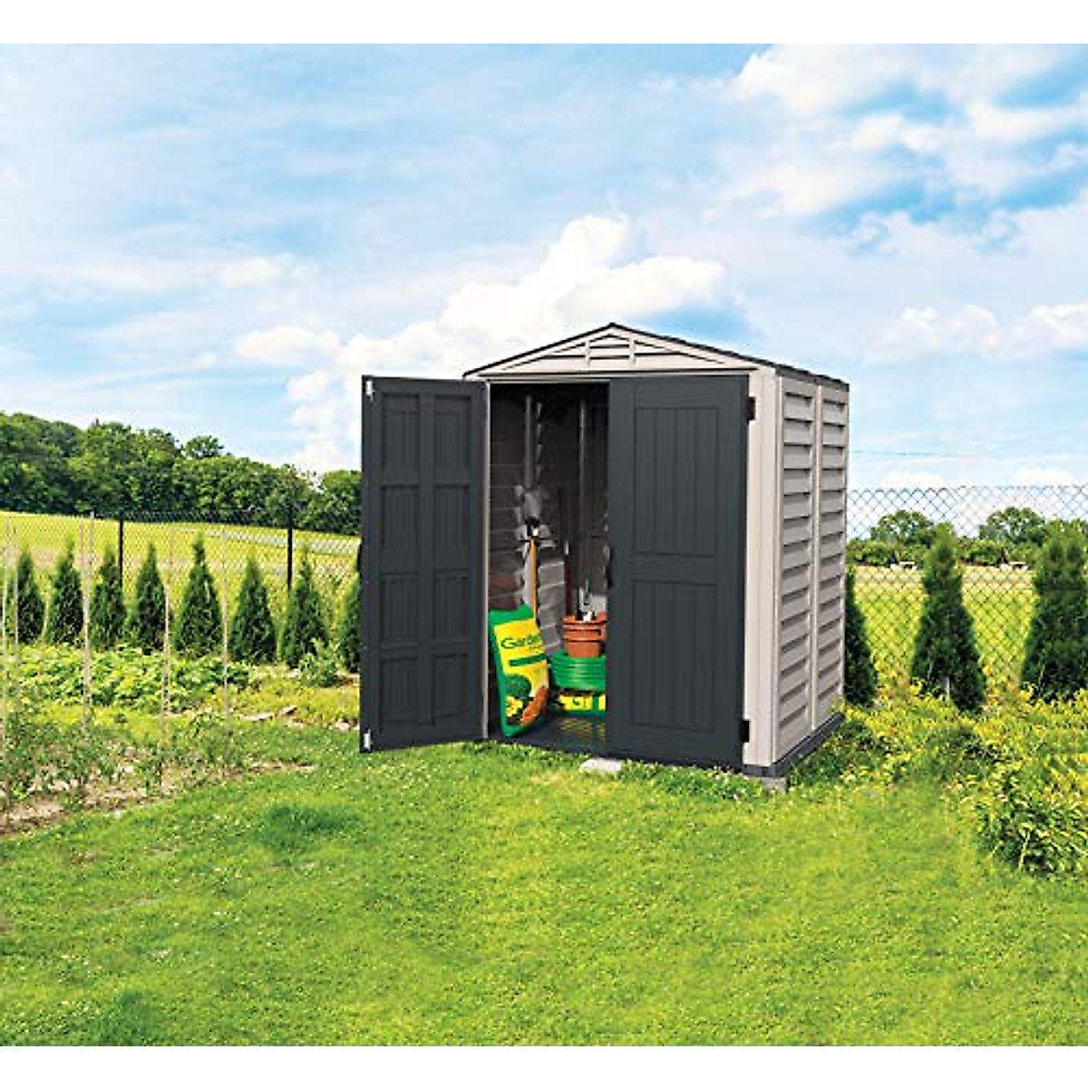 Duramax 35525 Yarmate Plus Outdoor Vinyl Storage Shed, Adobe/Gray