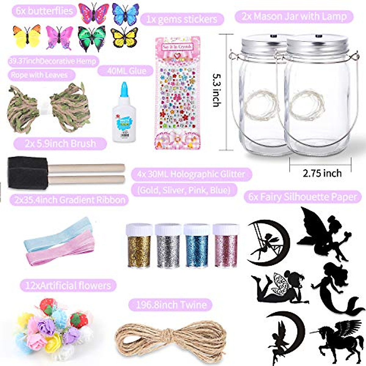 LAYKEN Fairy Lantern Craft Kit for Kids - DIY Make Your Own Fairy Lantern Jar Decor Craft for Girls Age 6 7 8 9 10 Year Old, Great Gift for Girl’s Room,Yard, and Garden Decor Art Project