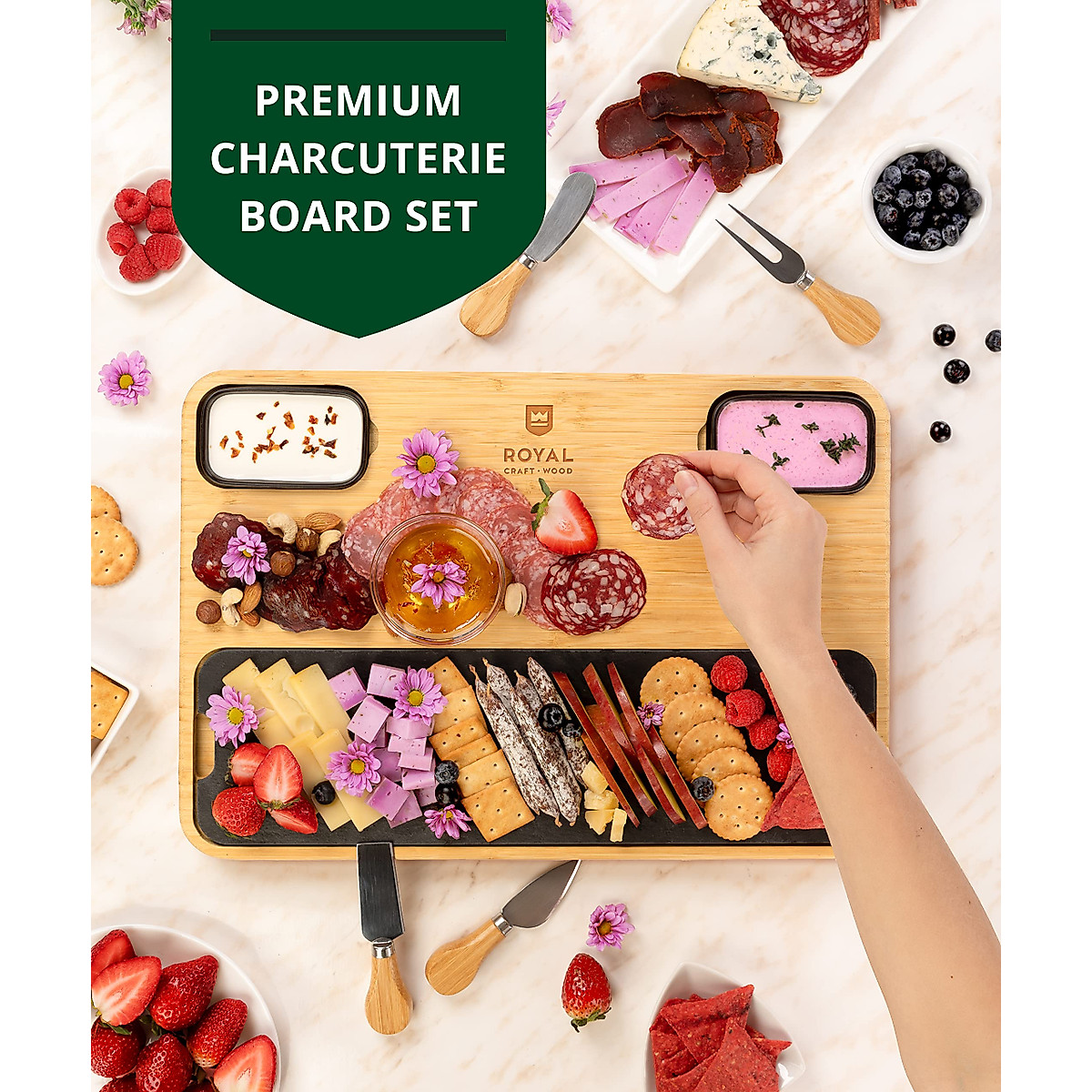 ROYAL CRAFT WOOD Extra Large Bamboo Cheese Board and Knife Set - With Slate Plate and Sauce Bowls